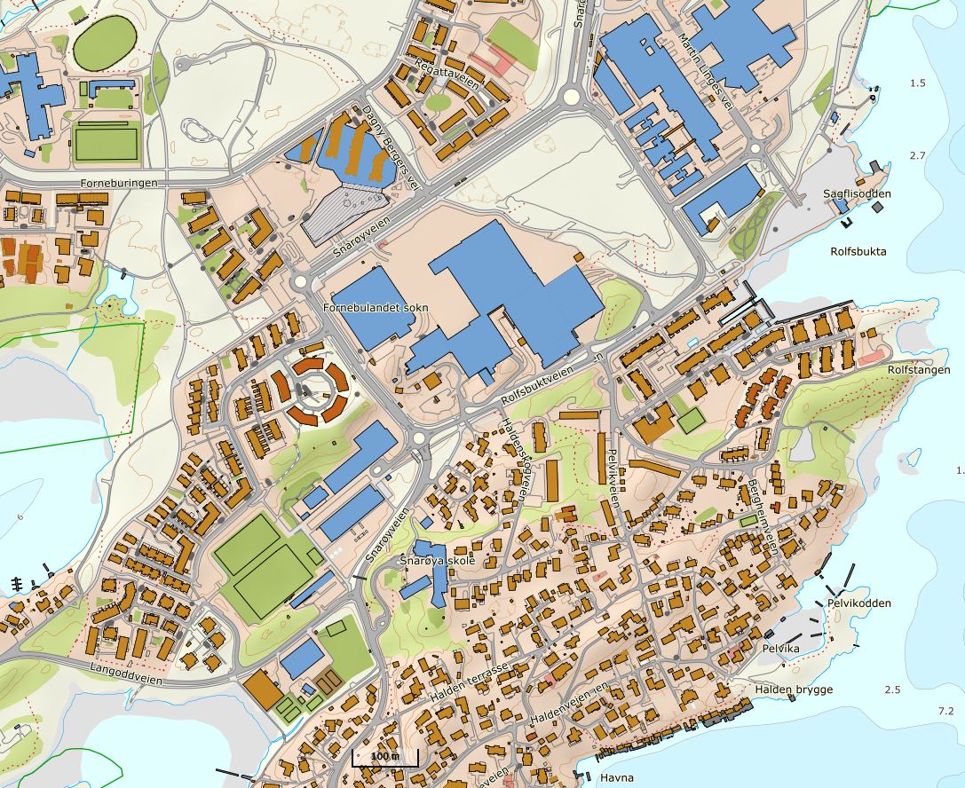 Detaljkart for området omkring Rolfsbukta og Hundsund grendesenter